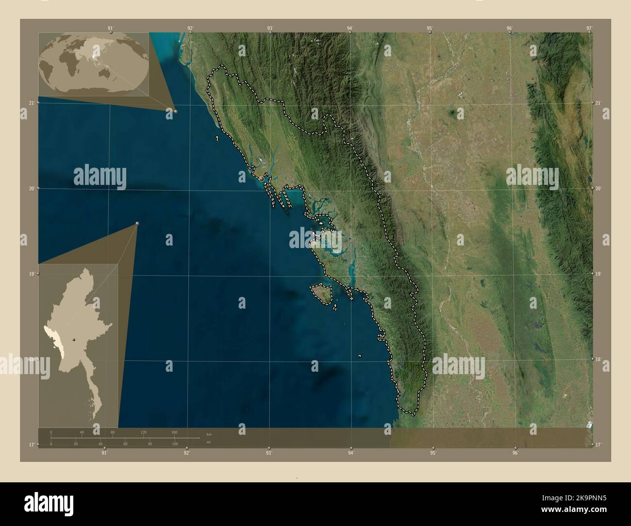 Rakhine, state of Myanmar. High resolution satellite map. Corner ...