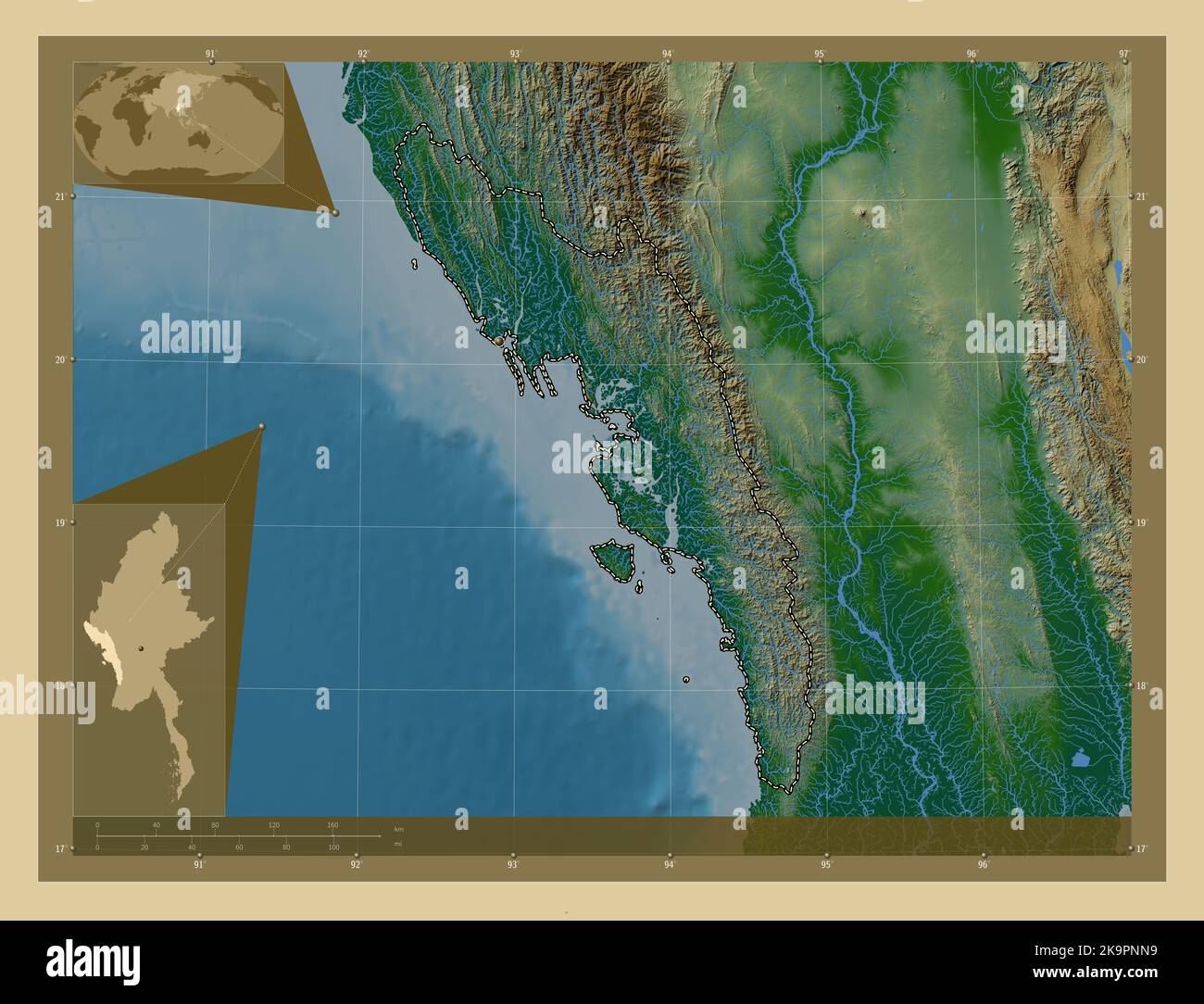 Rakhine, state of Myanmar. Colored elevation map with lakes and rivers ...