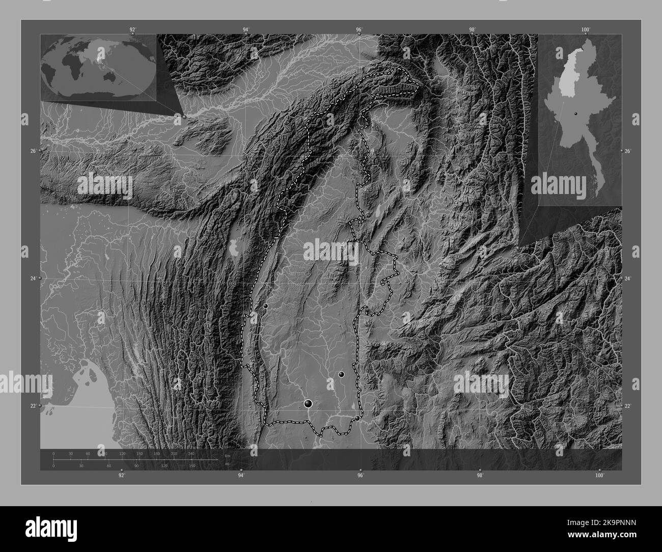 Sagaing, division of Myanmar. Bilevel elevation map with lakes and ...
