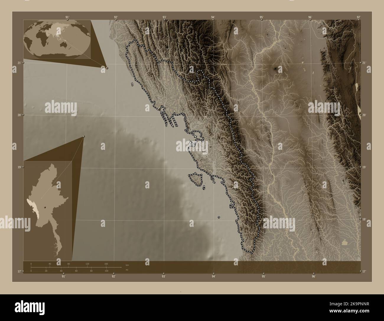 Rakhine, state of Myanmar. Elevation map colored in sepia tones with ...