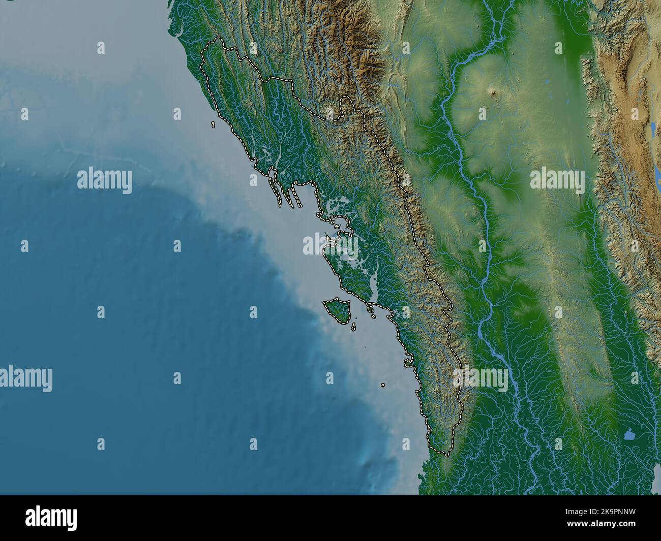 Rakhine, state of Myanmar. Colored elevation map with lakes and rivers ...
