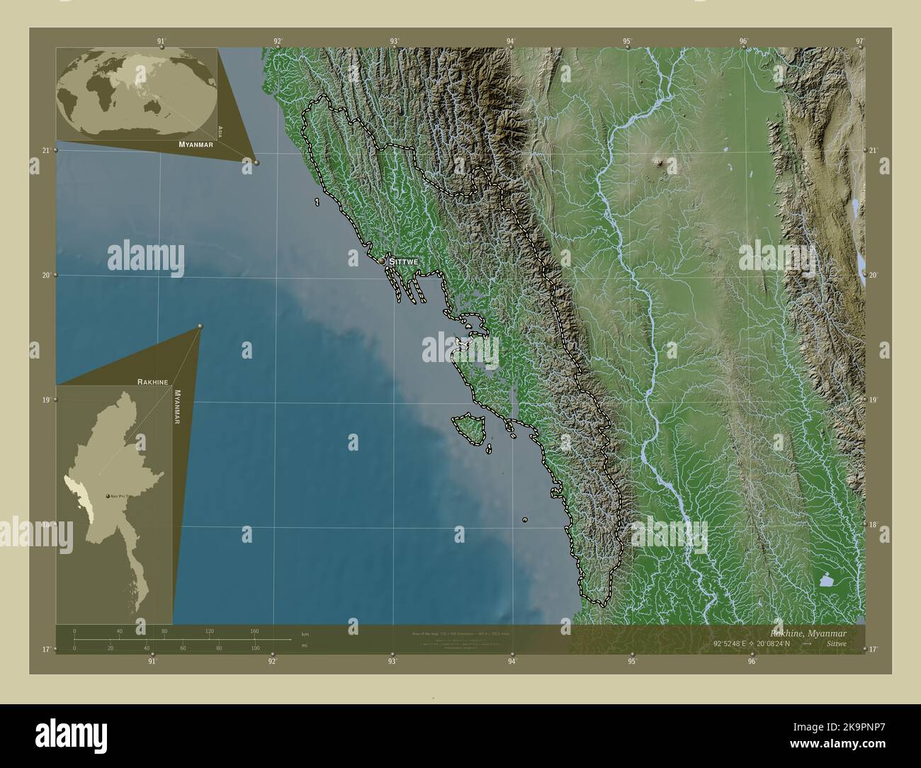 Rakhine, state of Myanmar. Elevation map colored in wiki style with ...