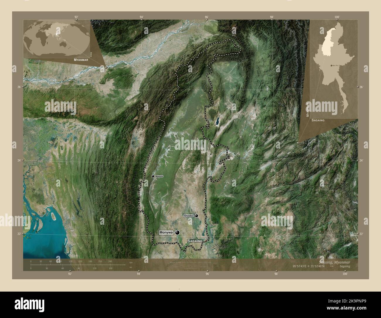 Sagaing, division of Myanmar. High resolution satellite map. Locations ...