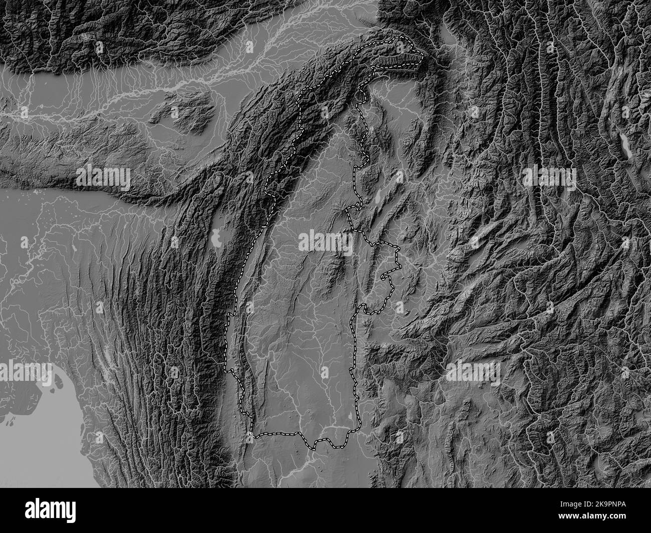 Sagaing, division of Myanmar. Bilevel elevation map with lakes and ...