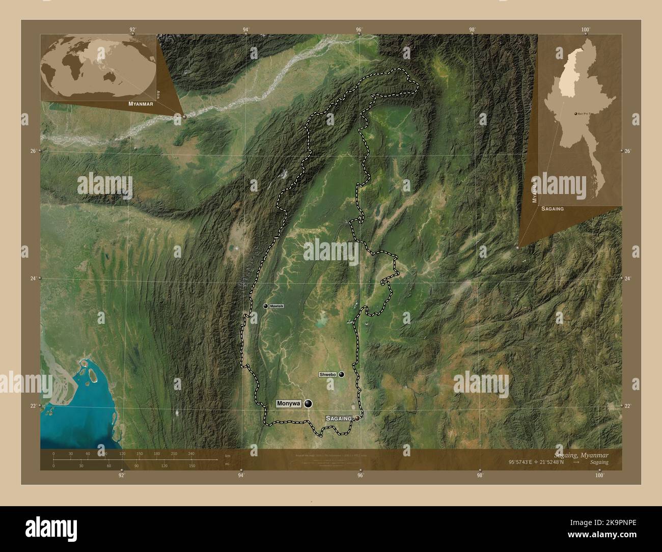 Sagaing, division of Myanmar. Low resolution satellite map. Locations ...