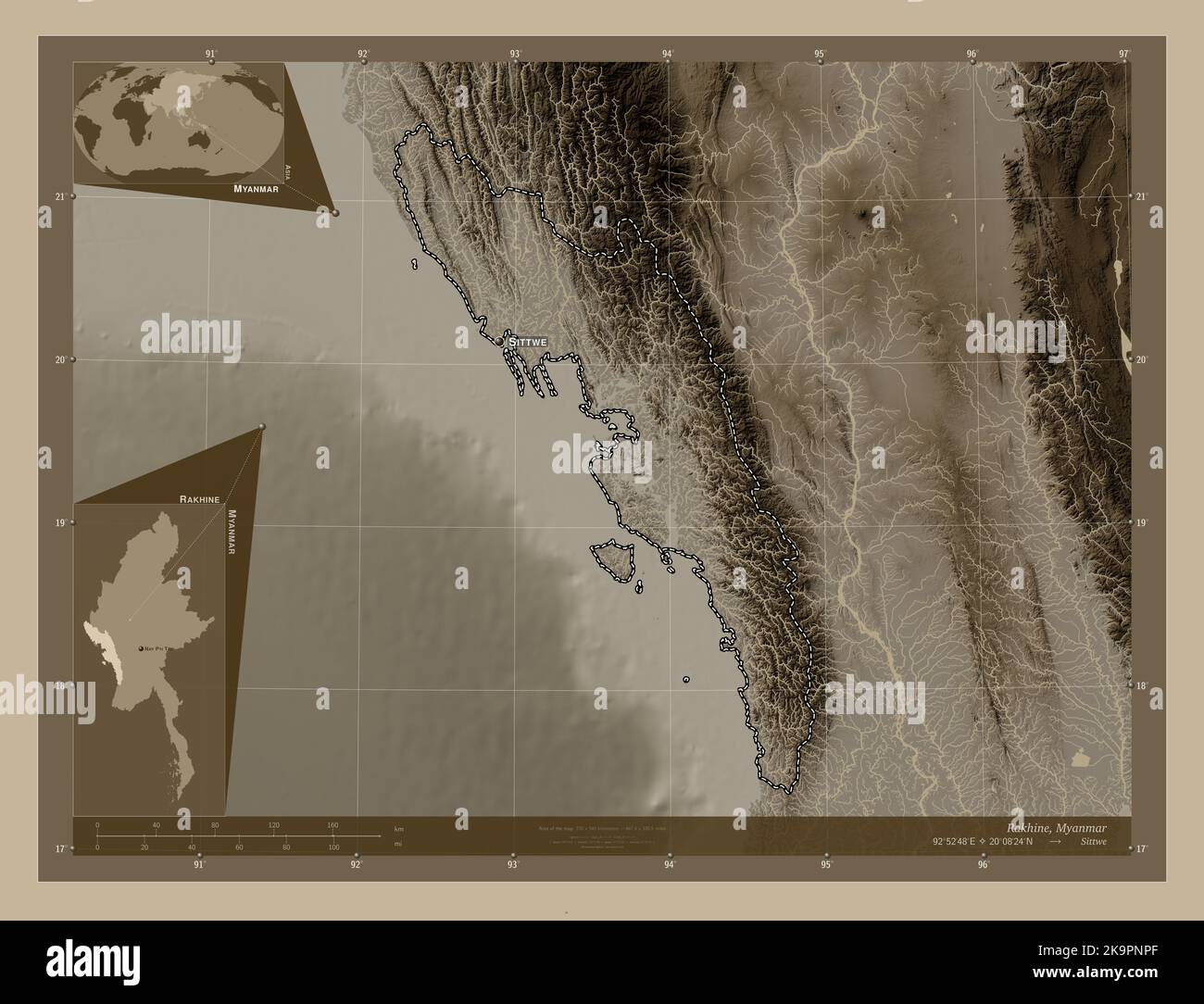 Rakhine, state of Myanmar. Elevation map colored in sepia tones with ...