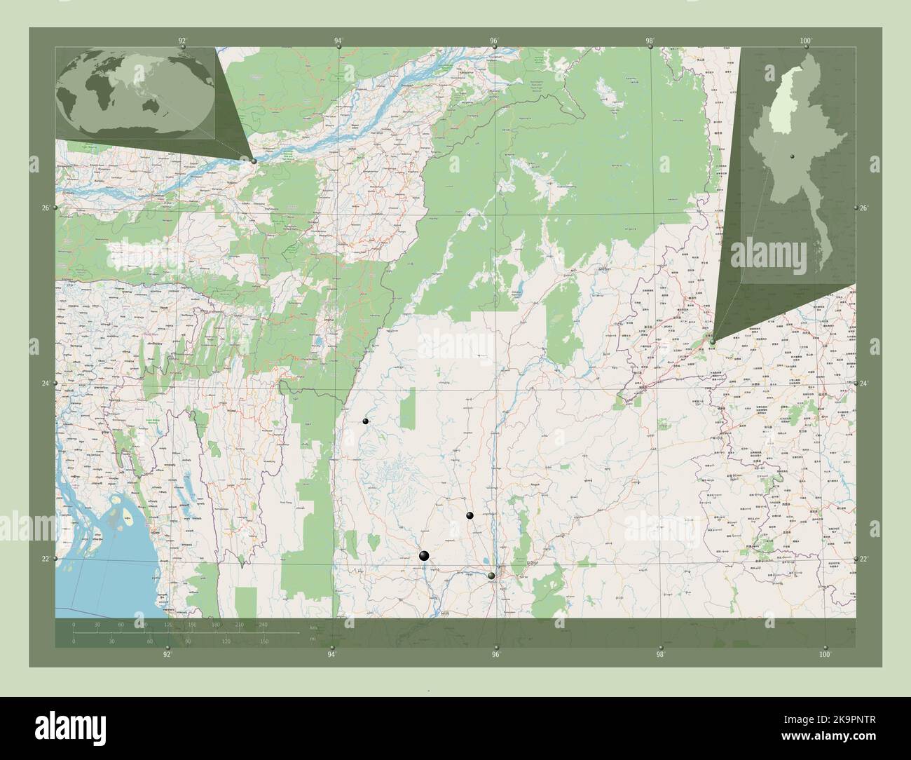 Sagaing, division of Myanmar. Open Street Map. Locations of major ...