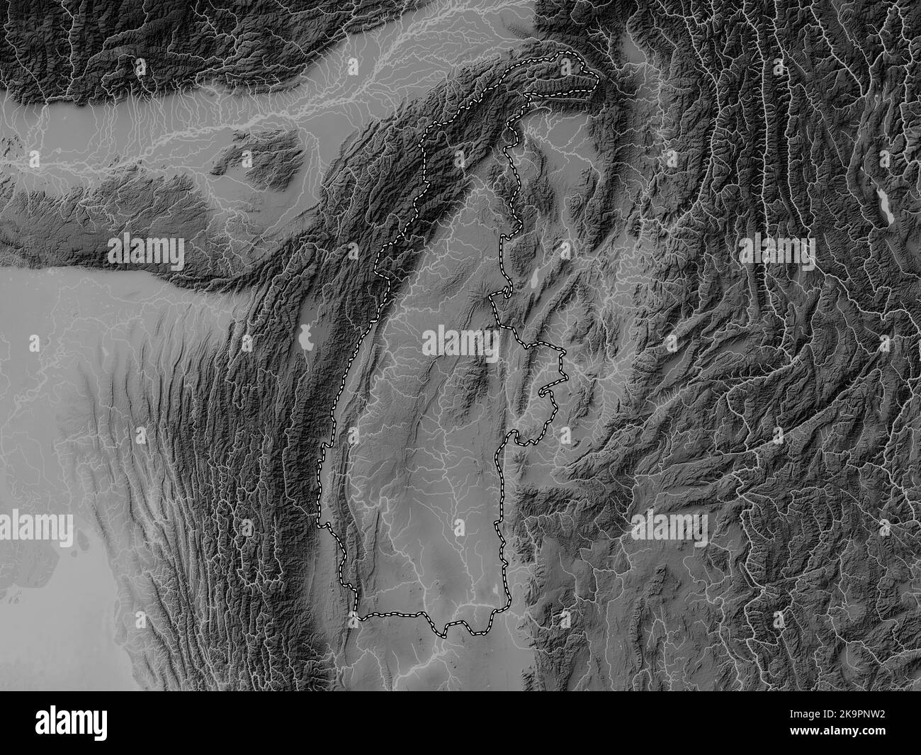 Sagaing, division of Myanmar. Grayscale elevation map with lakes and ...