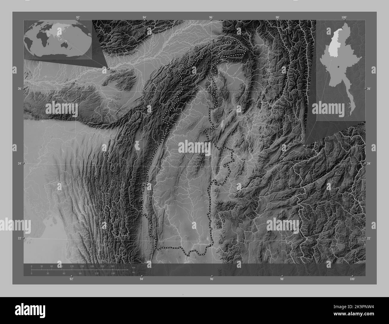 Sagaing, division of Myanmar. Grayscale elevation map with lakes and rivers. Corner auxiliary ...