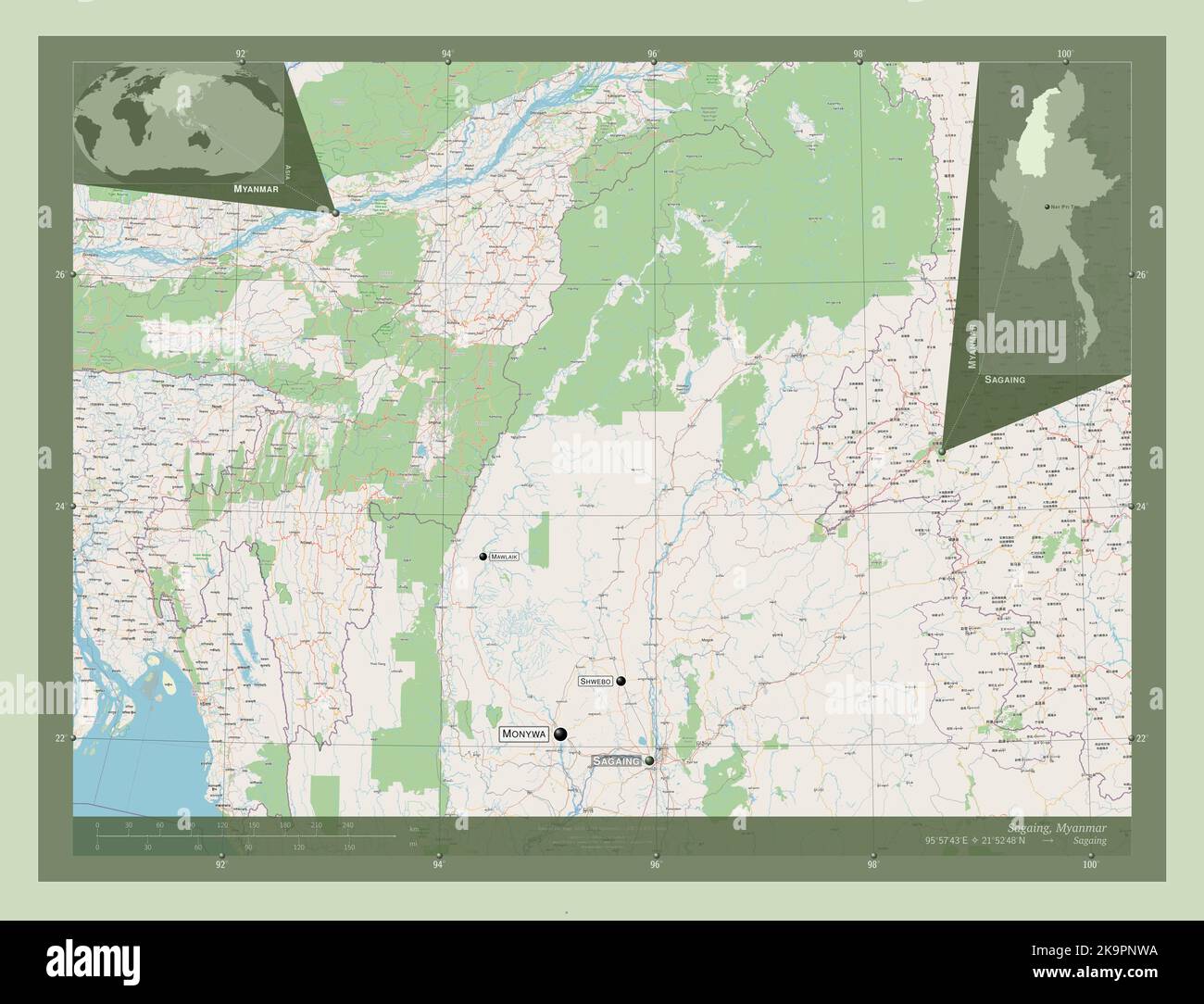 Sagaing, division of Myanmar. Open Street Map. Locations and names of ...