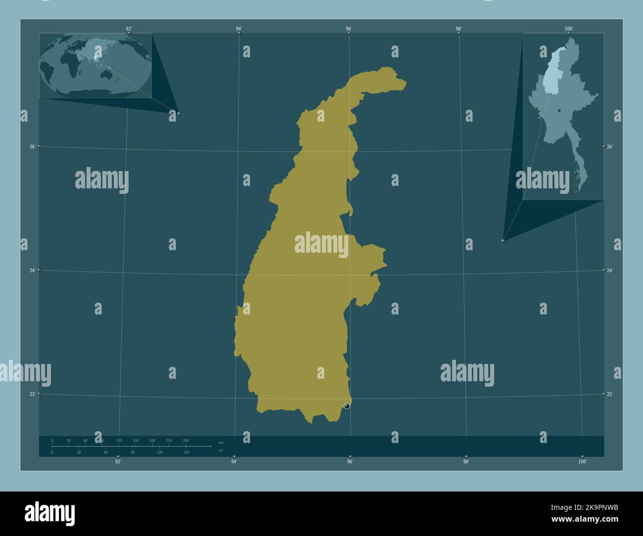 Sagaing, division of Myanmar. Solid color shape. Corner auxiliary ...