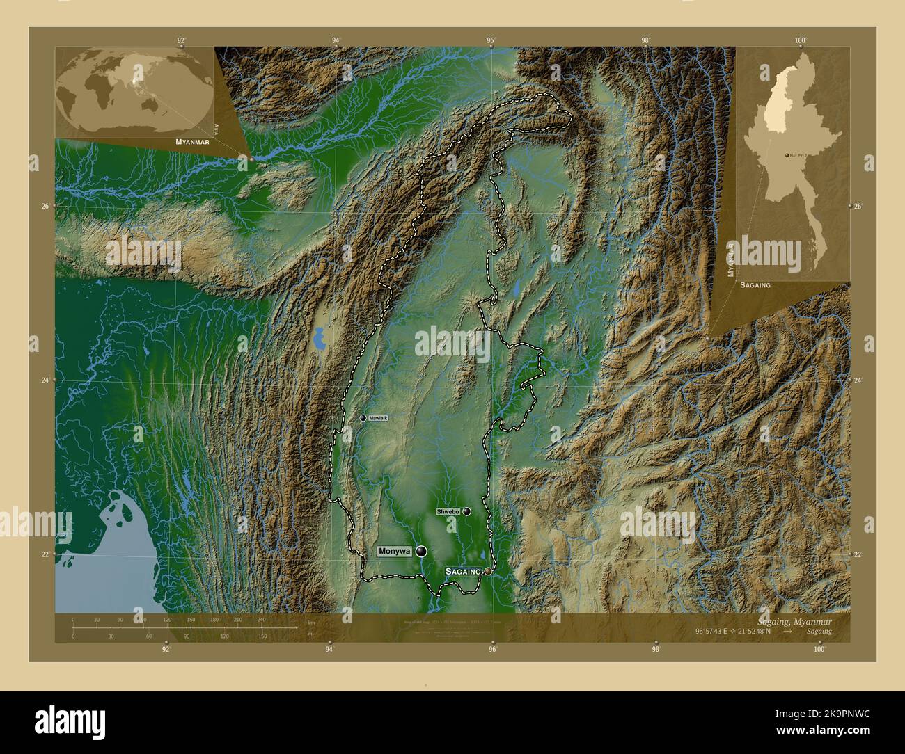 Sagaing, division of Myanmar. Colored elevation map with lakes and ...