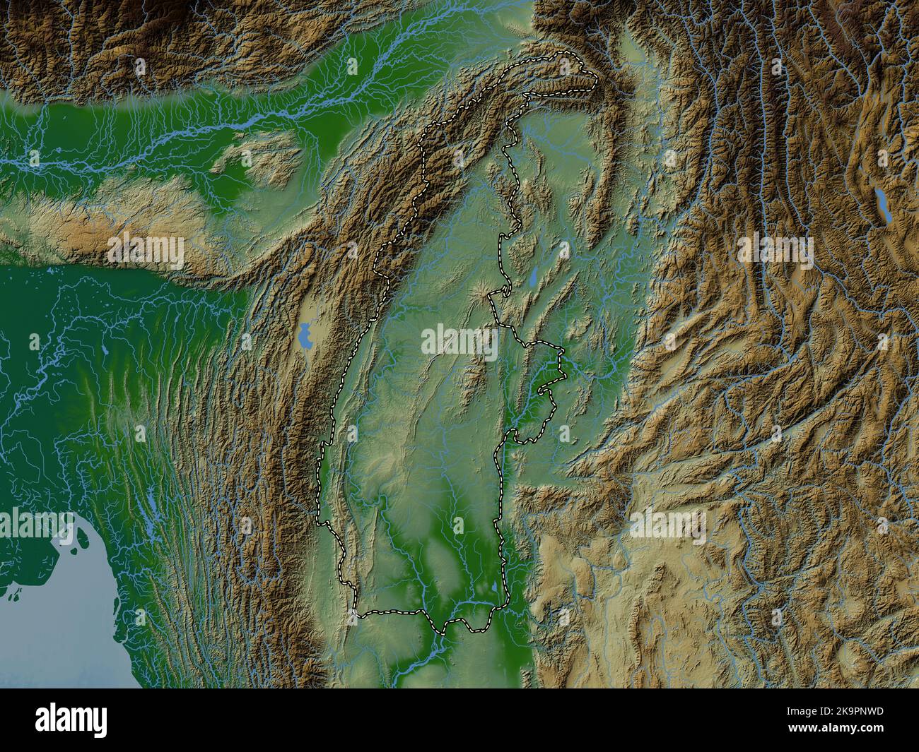 Sagaing, division of Myanmar. Colored elevation map with lakes and ...
