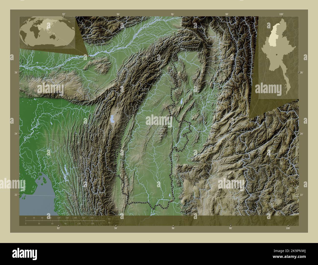 Sagaing, division of Myanmar. Elevation map colored in wiki style with lakes and rivers. Corner ...