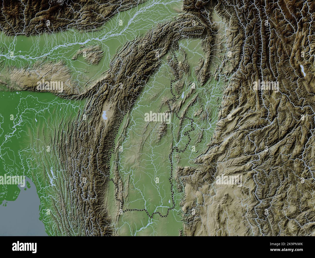 Sagaing, division of Myanmar. Elevation map colored in wiki style with ...