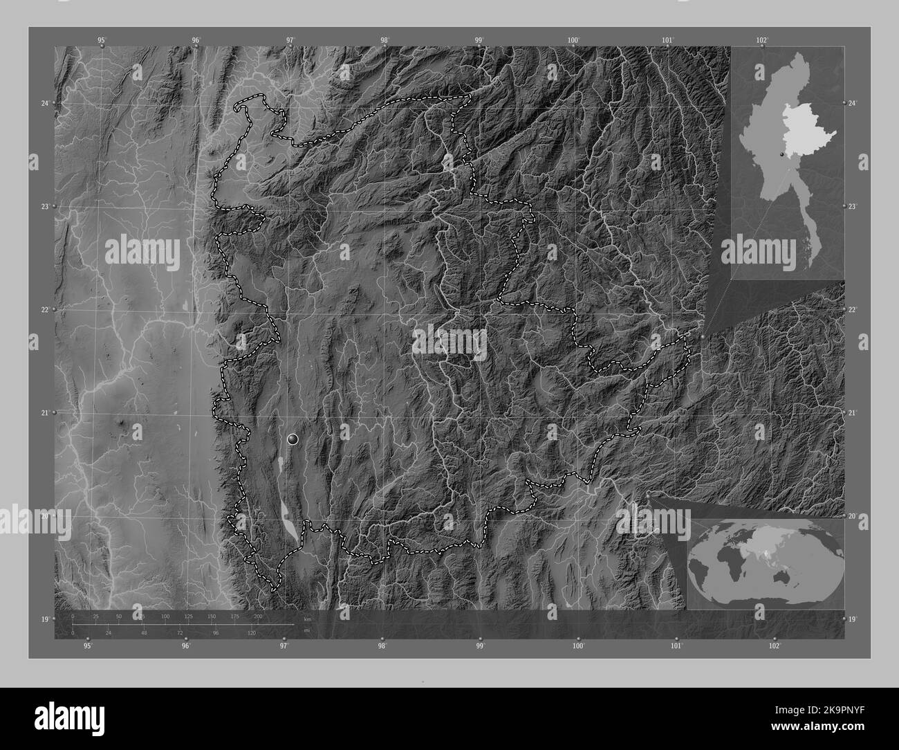 Shan, state of Myanmar. Grayscale elevation map with lakes and rivers ...