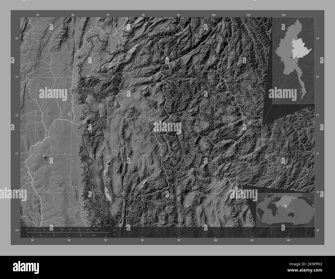Shan, state of Myanmar. Bilevel elevation map with lakes and rivers ...