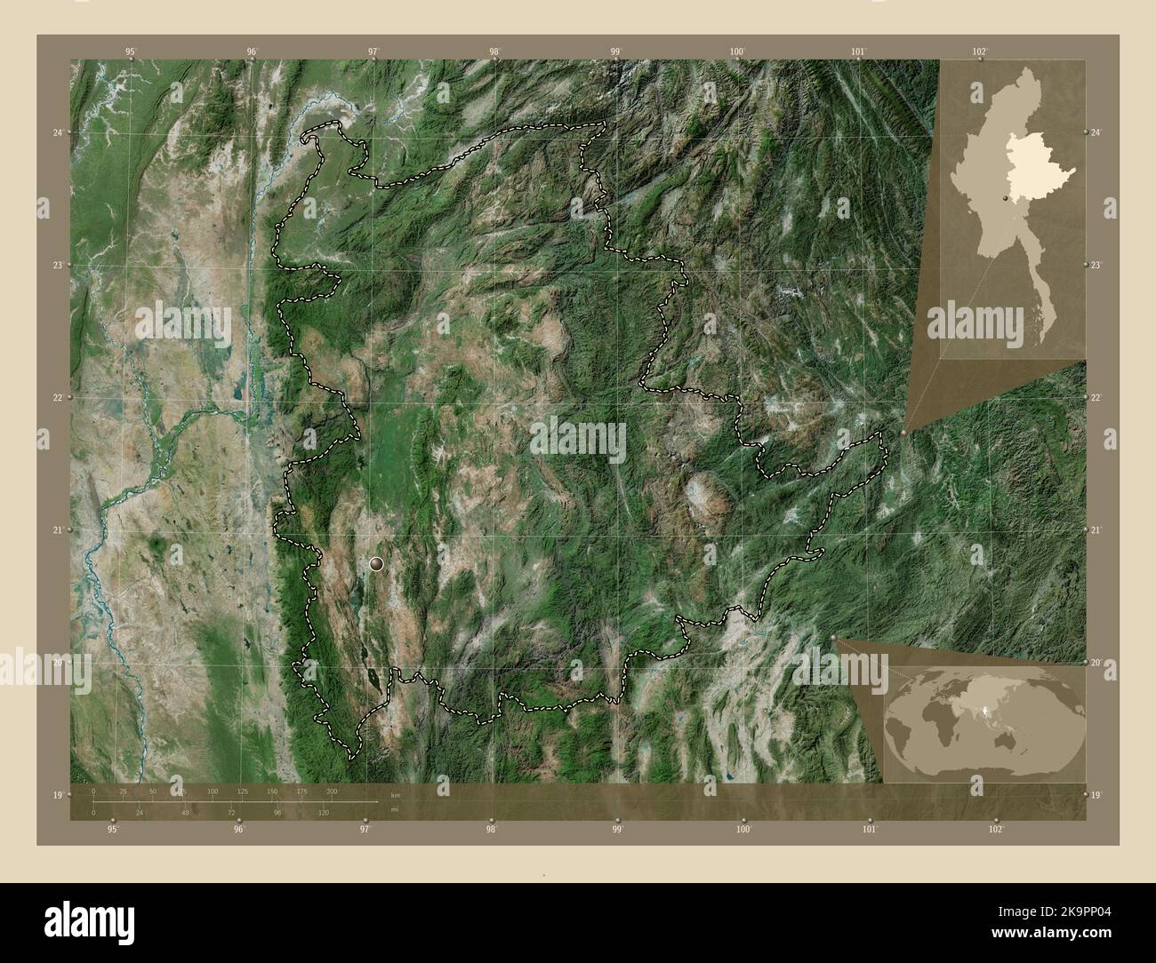 Shan, state of Myanmar. High resolution satellite map. Corner auxiliary ...
