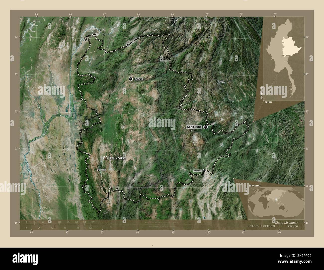 Shan, state of Myanmar. High resolution satellite map. Locations and ...