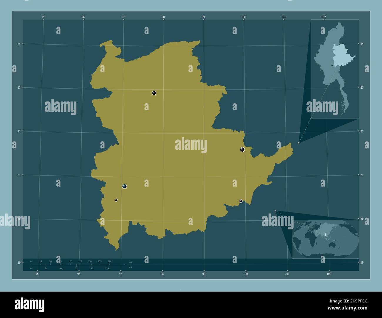 Shan, state of Myanmar. Solid color shape. Locations of major cities of ...
