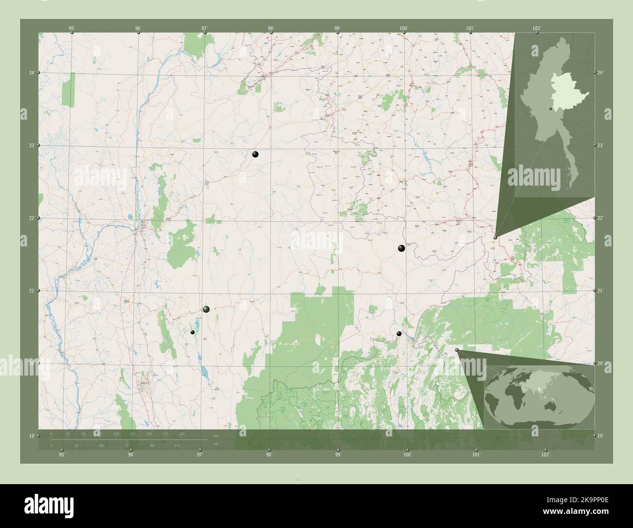 Shan, state of Myanmar. Open Street Map. Locations of major cities of ...