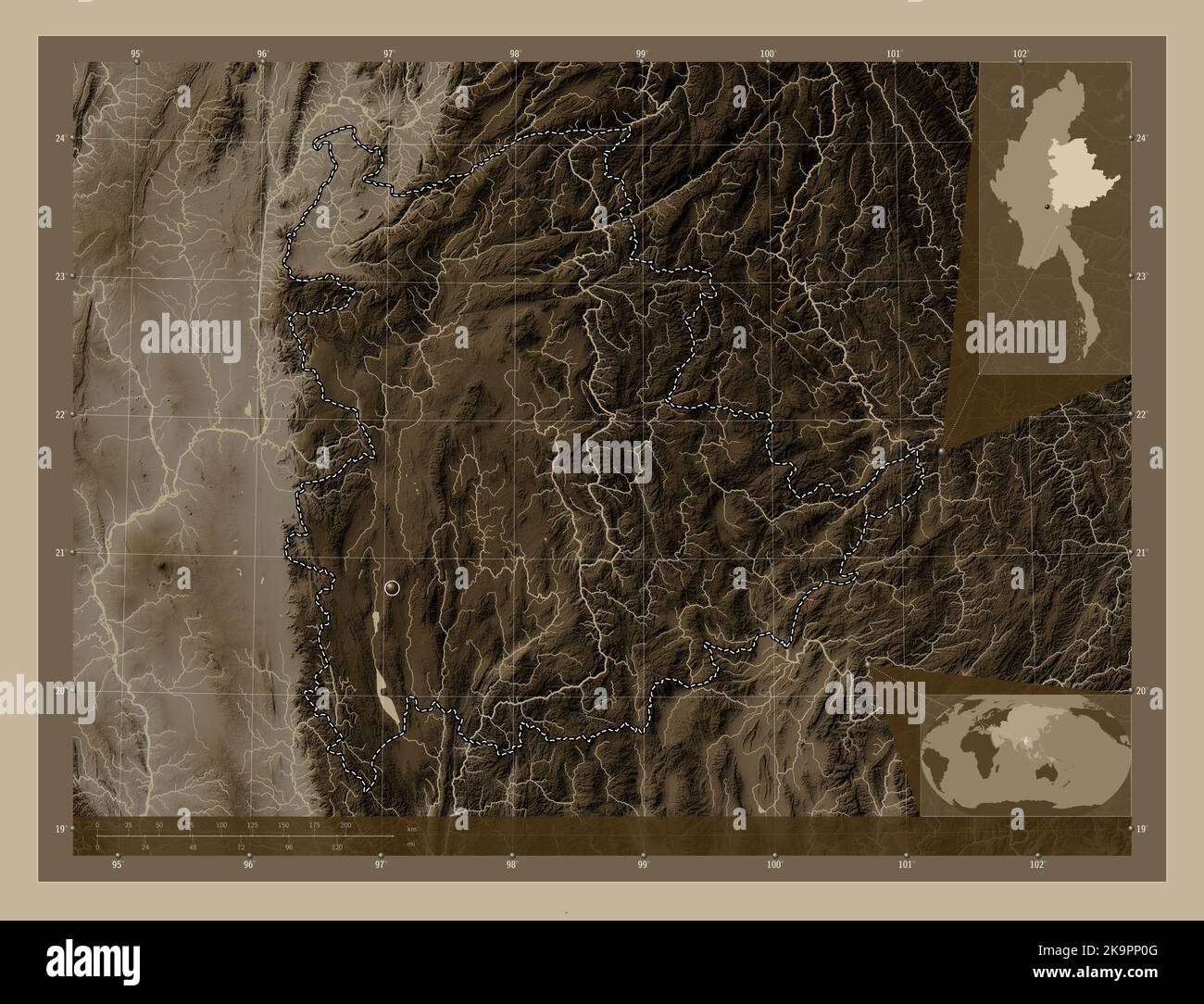 Shan, state of Myanmar. Elevation map colored in sepia tones with lakes ...
