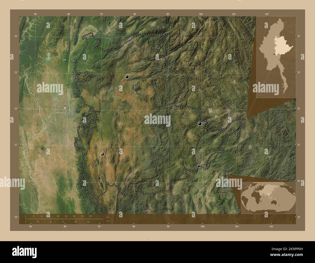 Shan, state of Myanmar. Low resolution satellite map. Locations of ...