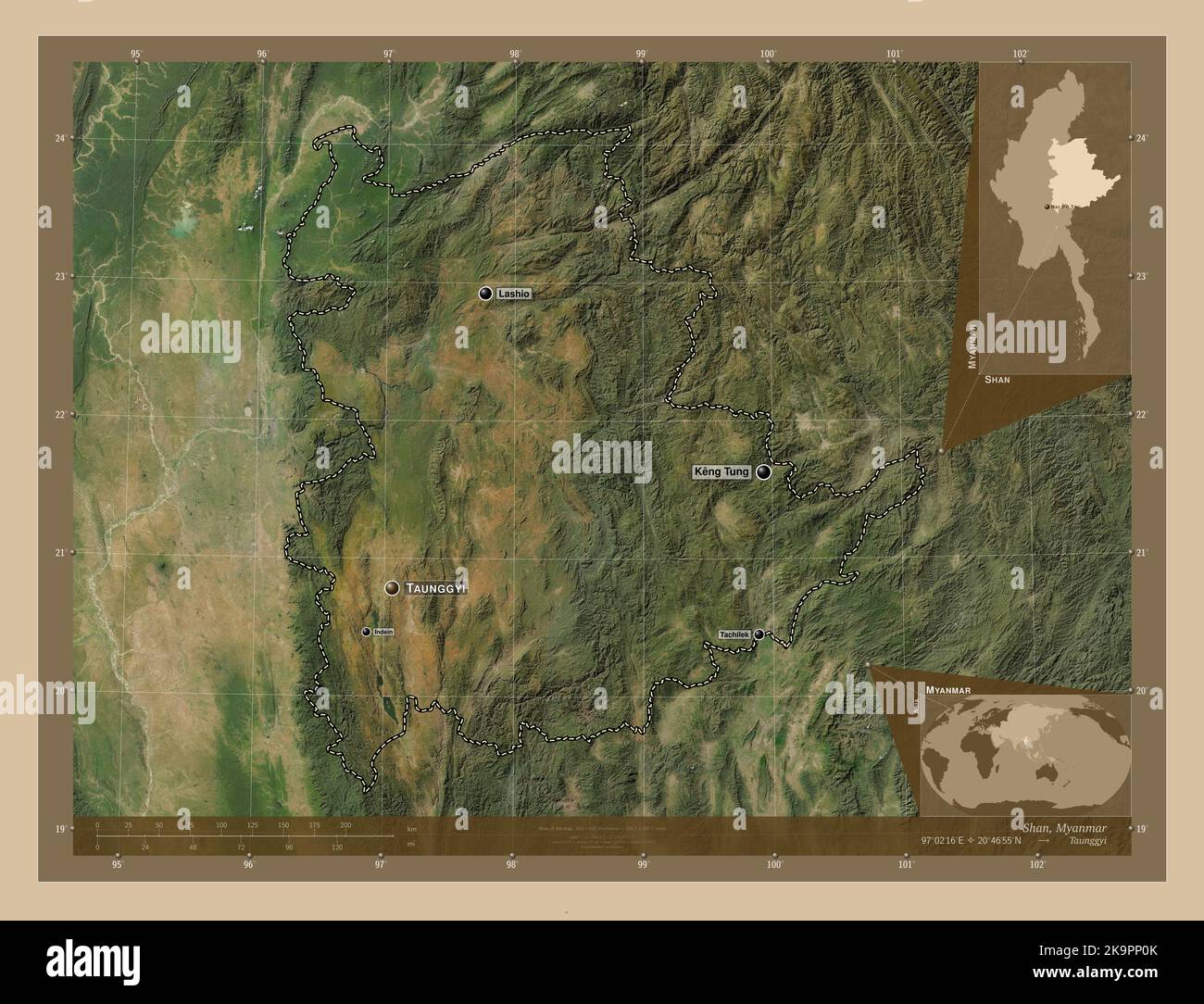 Shan, state of Myanmar. Low resolution satellite map. Locations and ...