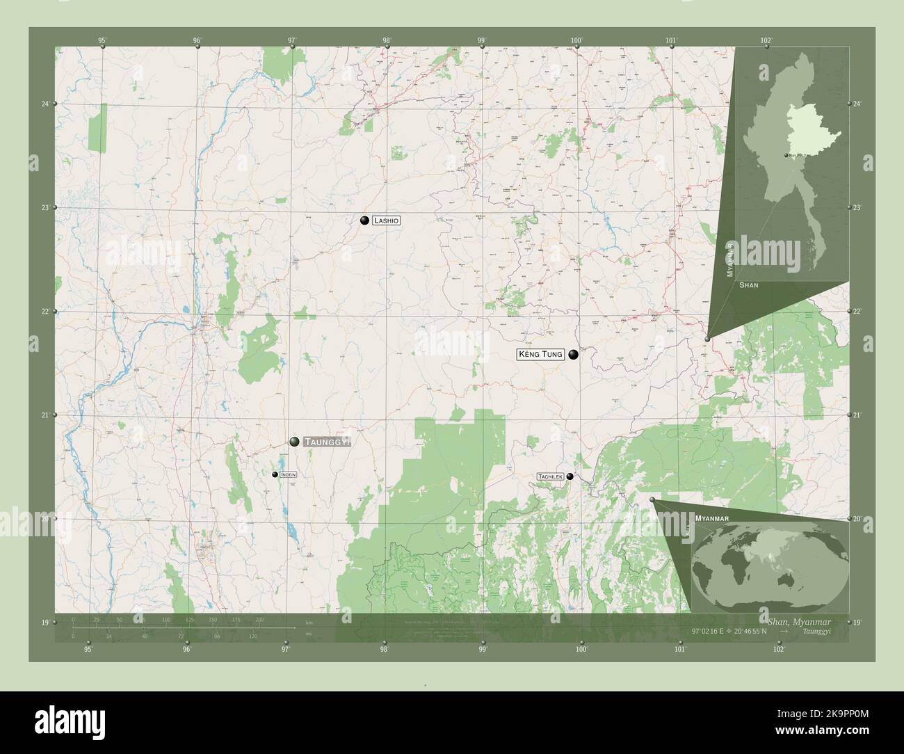 Shan, state of Myanmar. Open Street Map. Locations and names of major ...