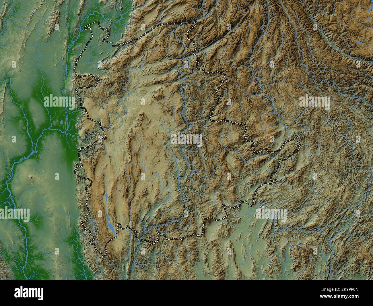 Shan, state of Myanmar. Colored elevation map with lakes and rivers ...