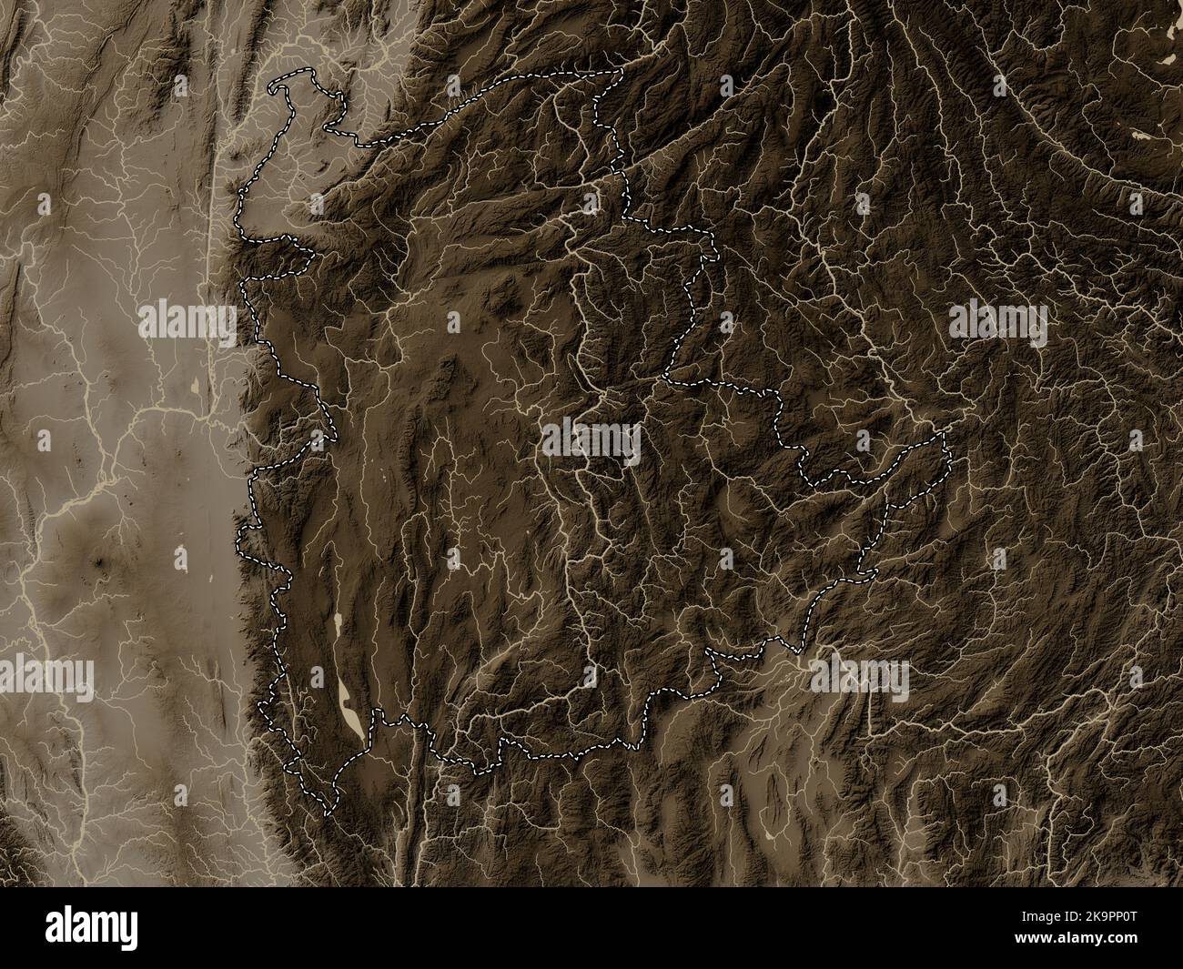Shan, state of Myanmar. Elevation map colored in sepia tones with lakes ...