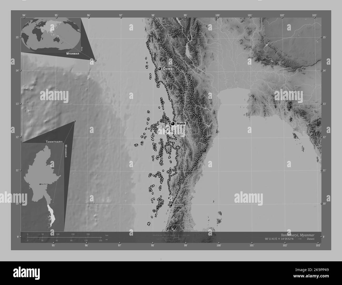 Tanintharyi, division of Myanmar. Grayscale elevation map with lakes ...