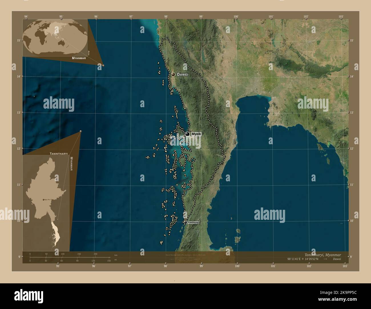 Tanintharyi, division of Myanmar. Low resolution satellite map ...