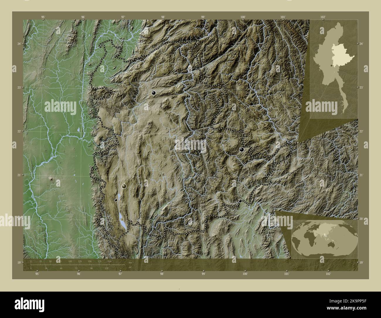 Shan, state of Myanmar. Elevation map colored in wiki style with lakes ...