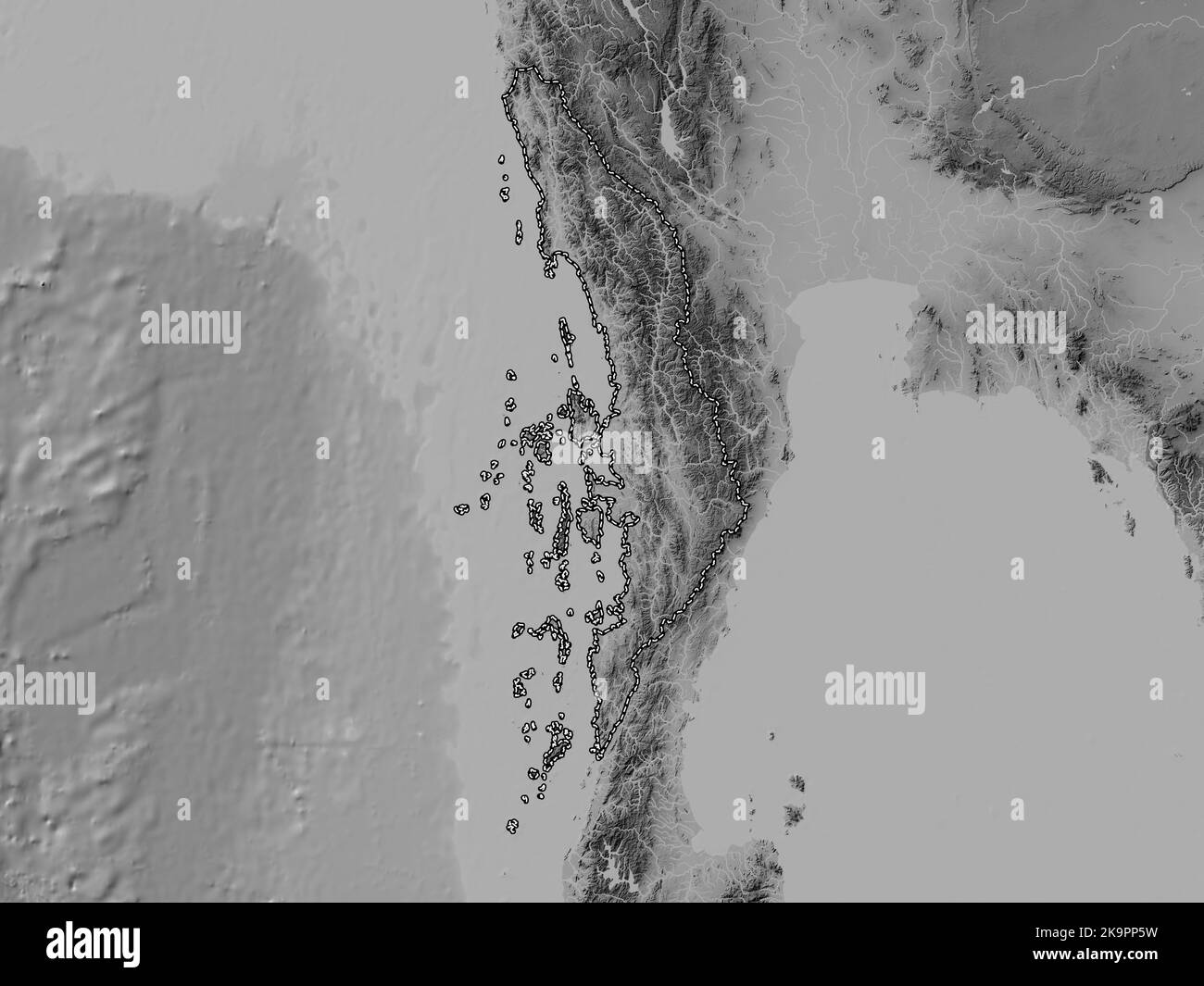Tanintharyi, division of Myanmar. Grayscale elevation map with lakes ...
