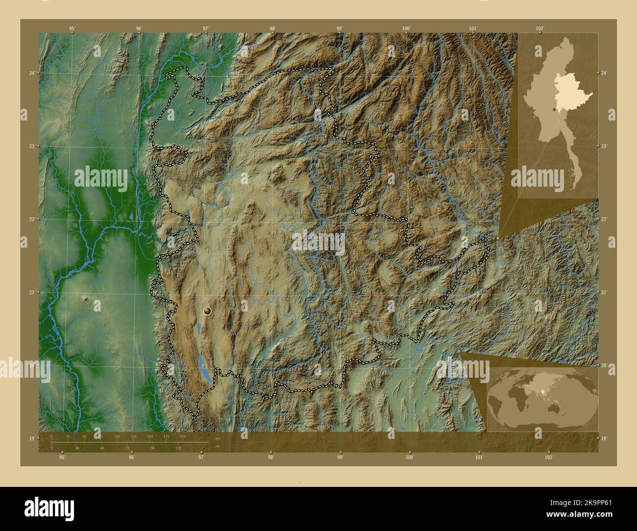 Shan, state of Myanmar. Colored elevation map with lakes and rivers. Corner auxiliary location ...