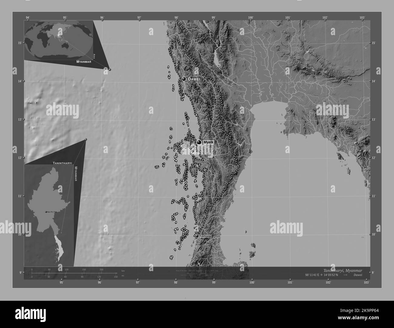 Tanintharyi, division of Myanmar. Bilevel elevation map with lakes and ...