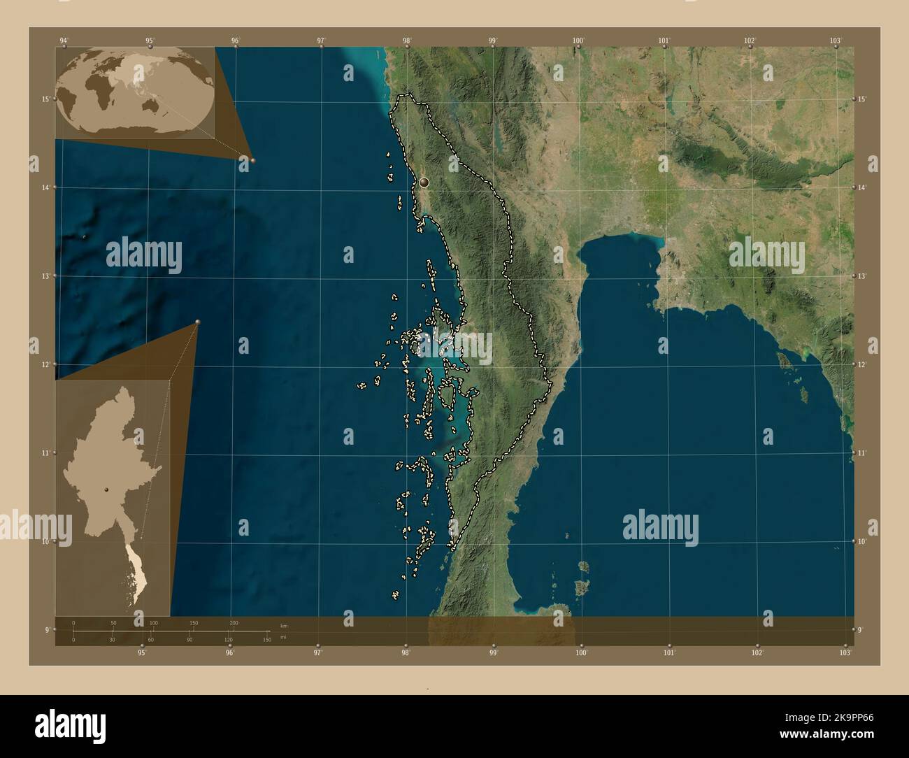 Tanintharyi, division of Myanmar. Low resolution satellite map. Corner ...