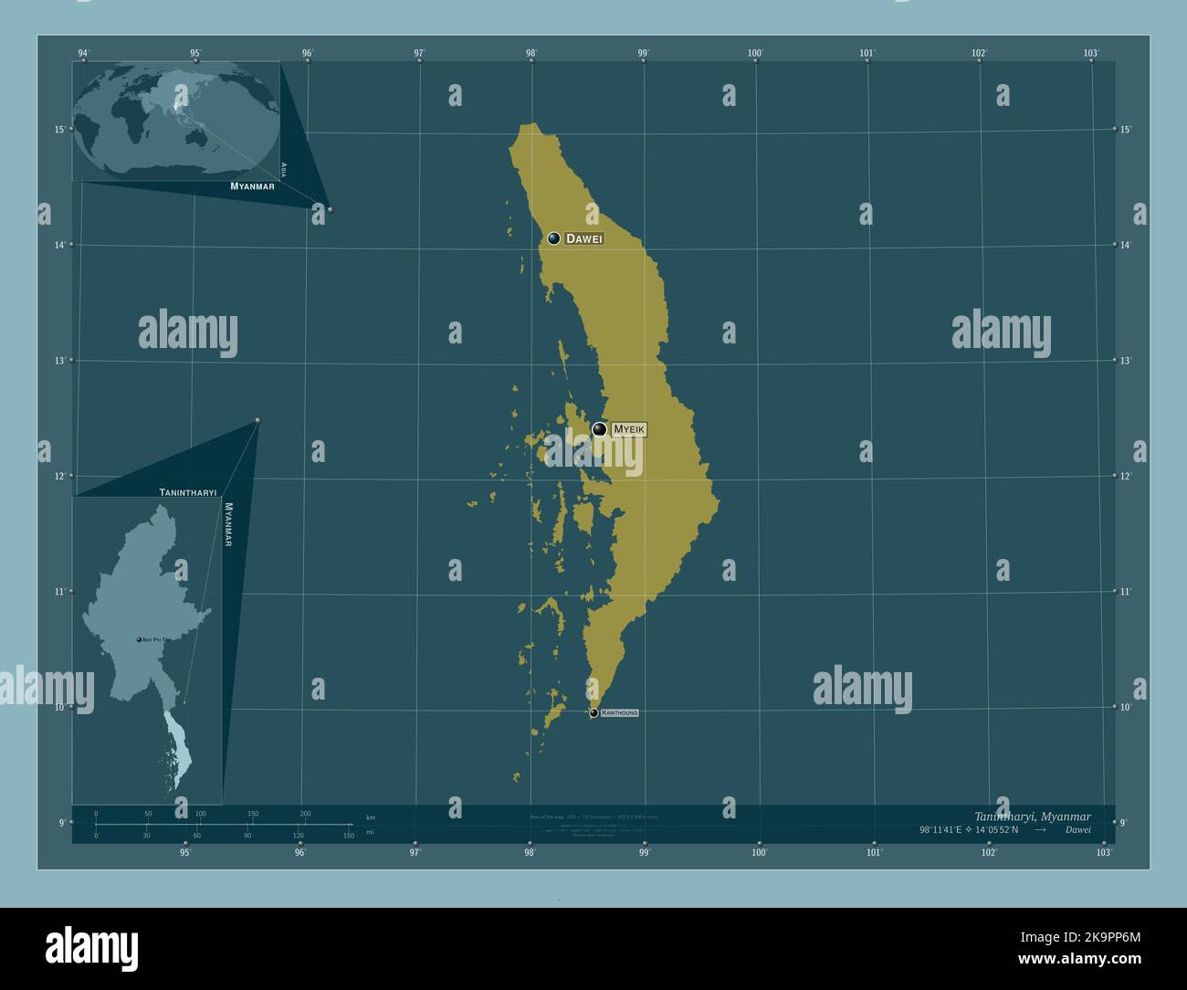 Tanintharyi, division of Myanmar. Solid color shape. Locations and ...