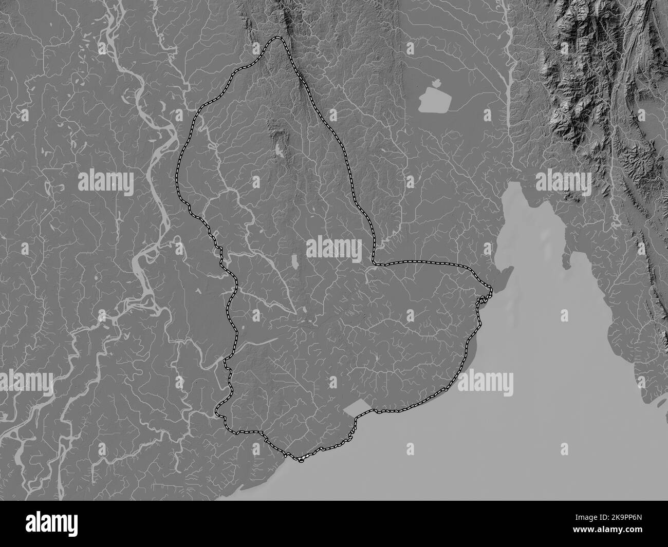 Yangon, division of Myanmar. Bilevel elevation map with lakes and ...