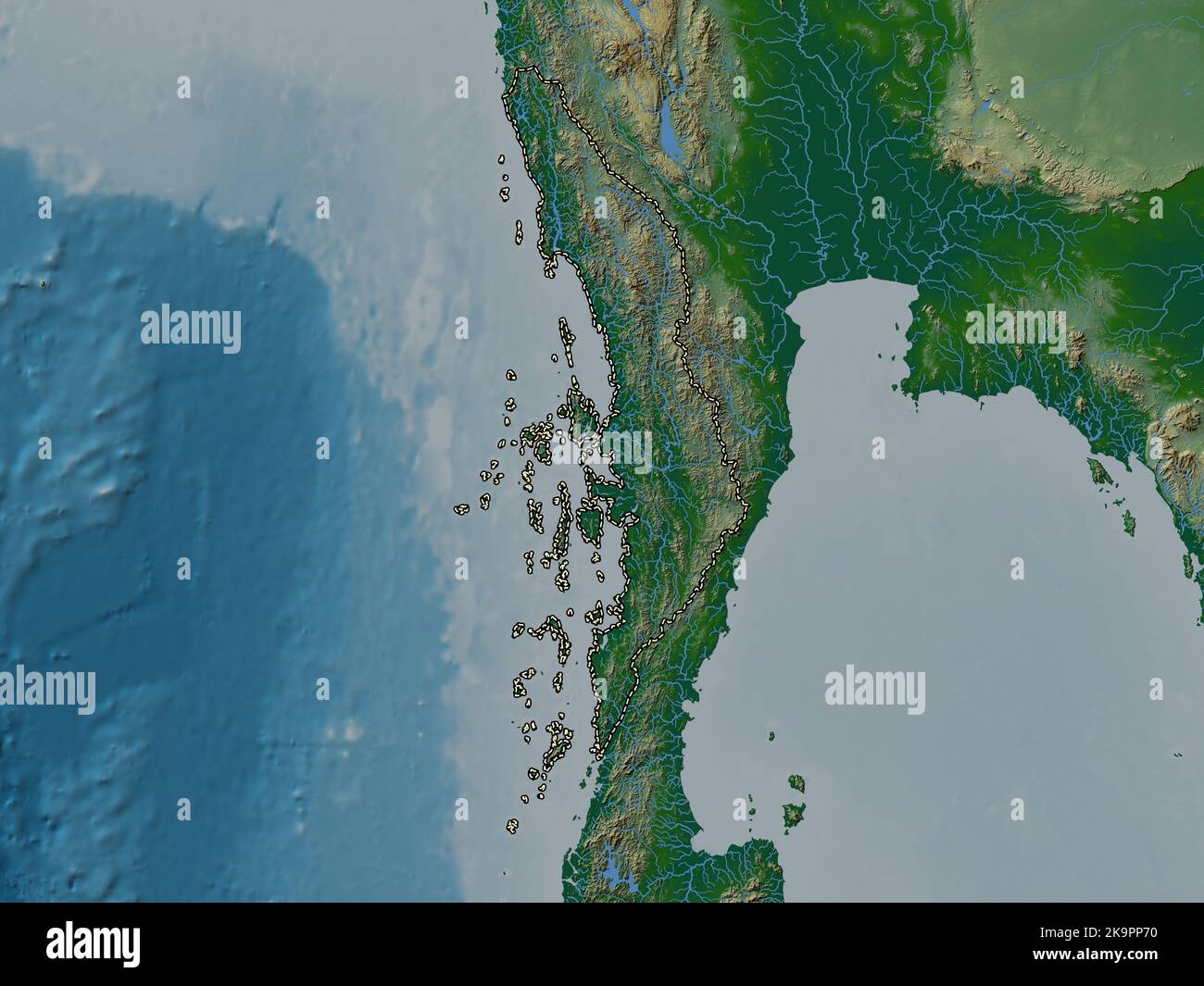 Tanintharyi, division of Myanmar. Colored elevation map with lakes and ...