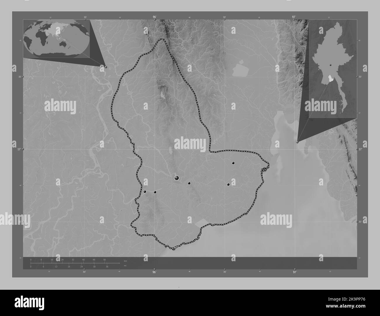 Yangon, division of Myanmar. Grayscale elevation map with lakes and ...