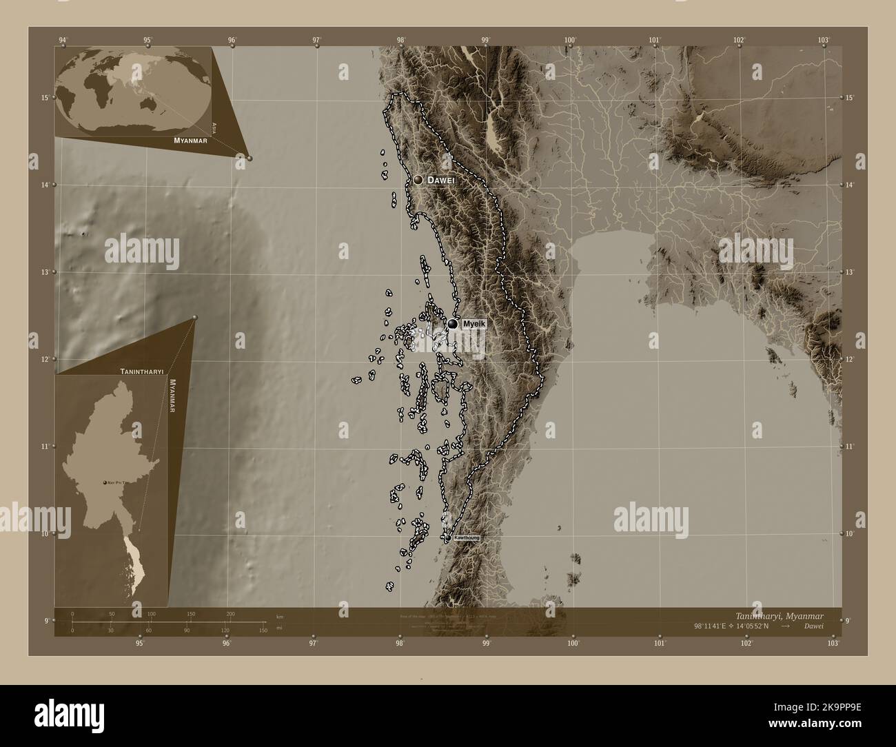 Tanintharyi, division of Myanmar. Elevation map colored in sepia tones ...