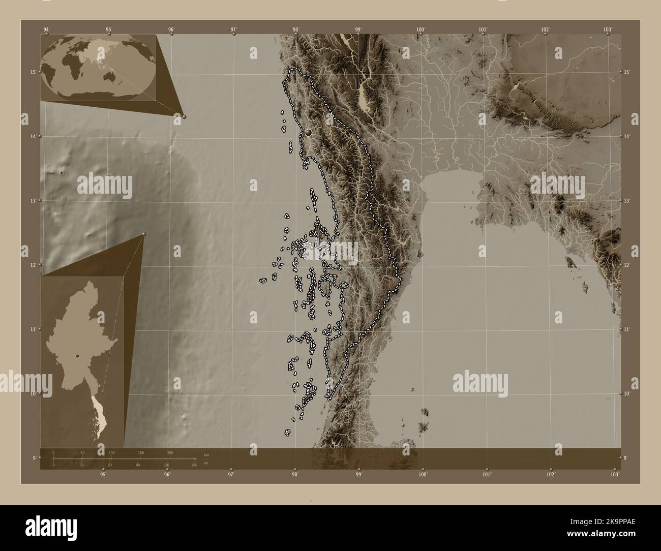 Tanintharyi, division of Myanmar. Elevation map colored in sepia tones ...
