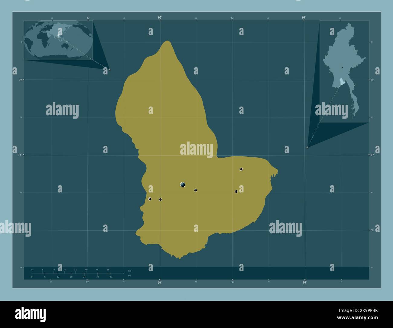 Yangon, division of Myanmar. Solid color shape. Locations of major ...