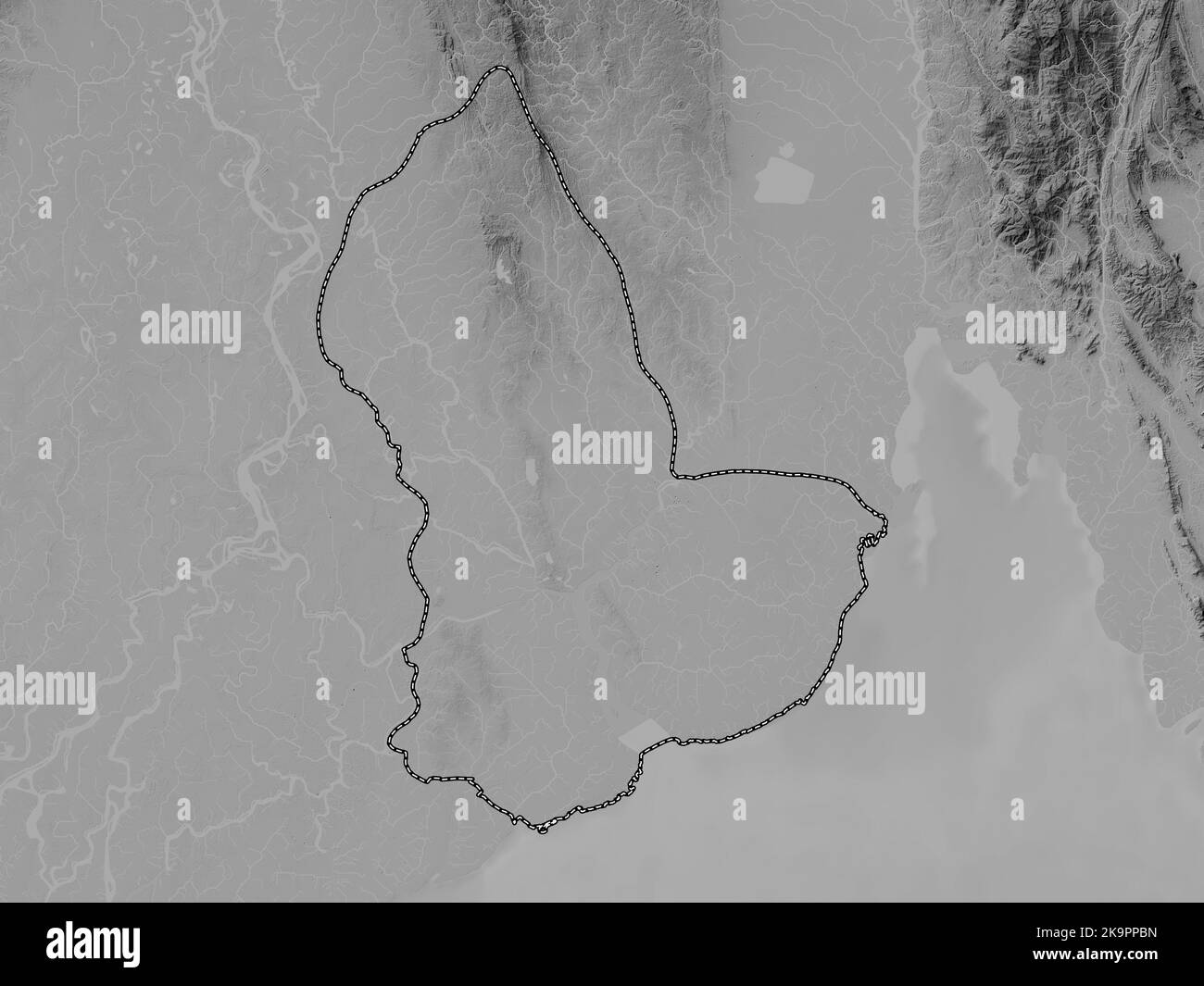 Yangon, division of Myanmar. Grayscale elevation map with lakes and ...