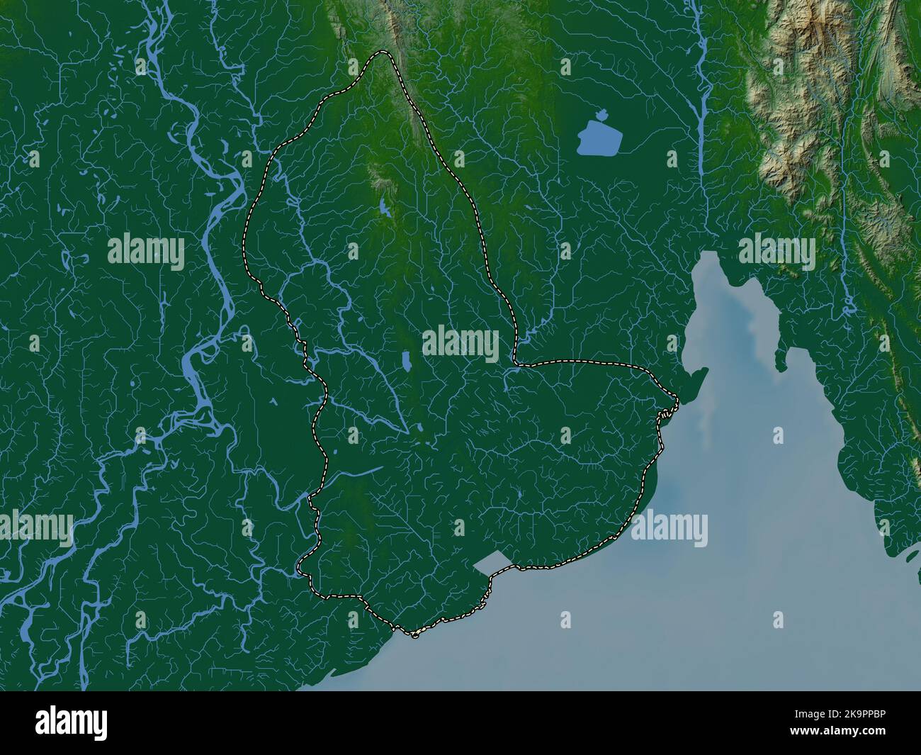 Yangon, division of Myanmar. Colored elevation map with lakes and ...