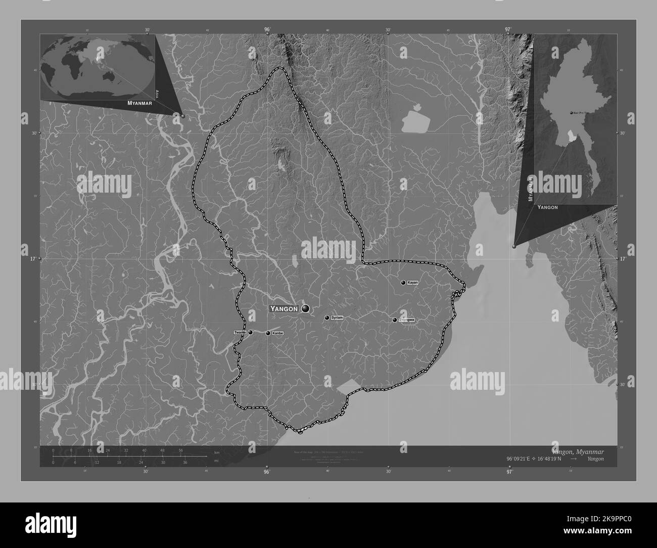 Yangon, division of Myanmar. Bilevel elevation map with lakes and ...