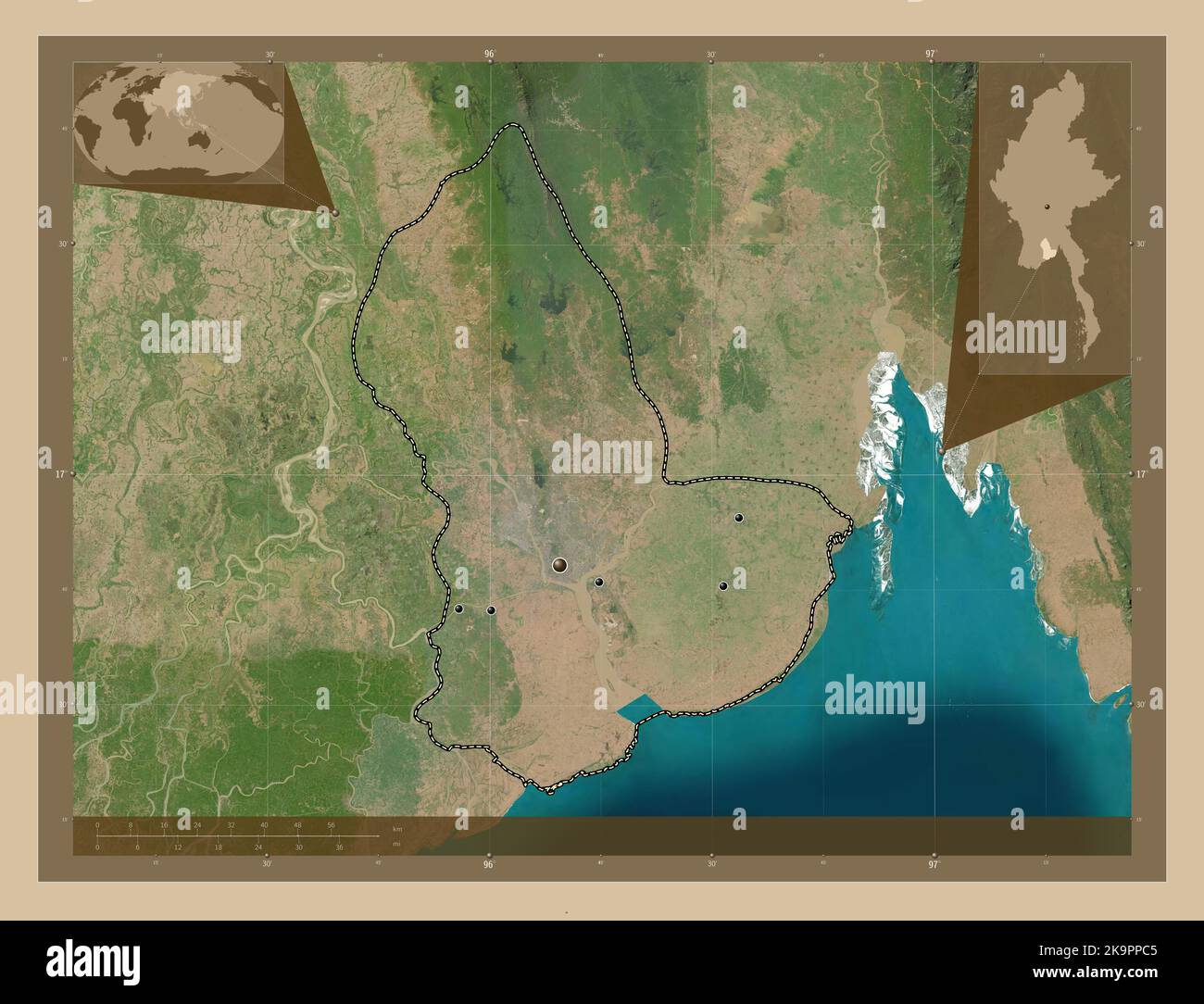 Yangon, division of Myanmar. Low resolution satellite map. Locations of ...