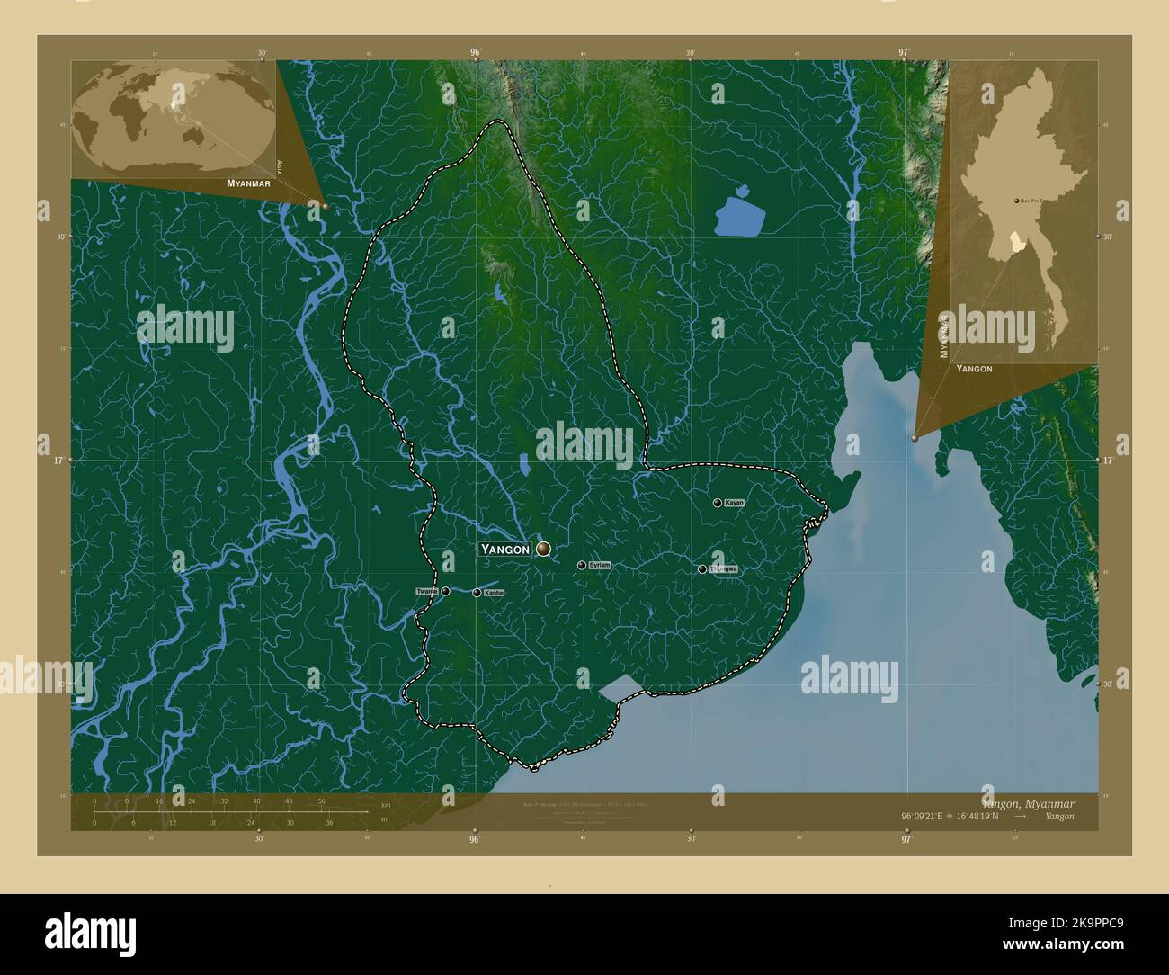 Yangon, division of Myanmar. Colored elevation map with lakes and ...